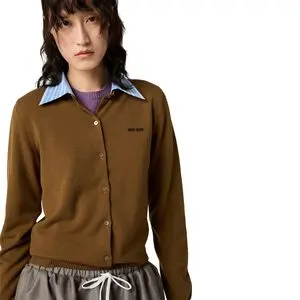 Miu Miu Cashmere Cardigan With Detachable Collar - Tobacco/celeste