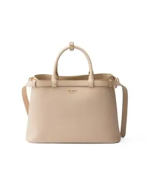 Prada Medium Leather Handbag With Double Belt Buckle - Travertine Stone