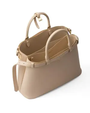 Prada Medium Leather Handbag With Double Belt Buckle - Travertine Stone