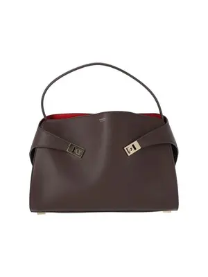 FERRAGAMO Large Leather Shoulder Bag With Gancini Buckle - Brown