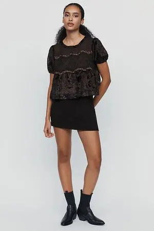 Anthropologie Short-sleeve Velvet Burnout Swing Top - Black Pattern