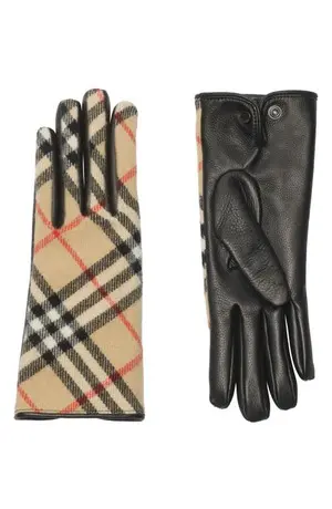 Burberry Check Wool And Leather Gloves - Sand Check
