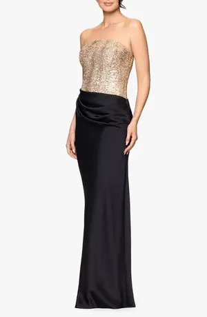 Betsy & Adam Sequin Bodice Strapless Gown