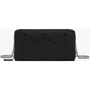 Mcm Aren Chain Zip Around Wallet In Embossed Monogram Leather - Black