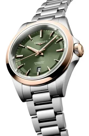 LONGINES Conquest 18k Rose Gold Bezel Automatic Bracelet Watch - Green