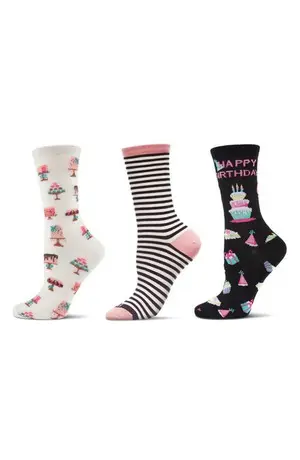 MEMOI Happy Birthday Crew Socks 3-pack - Black
