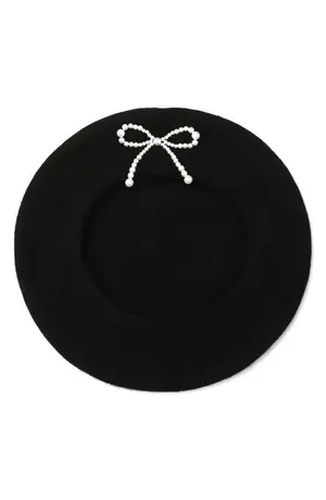 Kate Spade New York Beret With Faux Pearl Bow Detail - Black