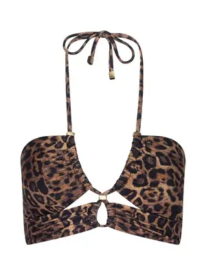 L'Agence Sirena Halter Bikini Top - Brown Multi Patch Leopard