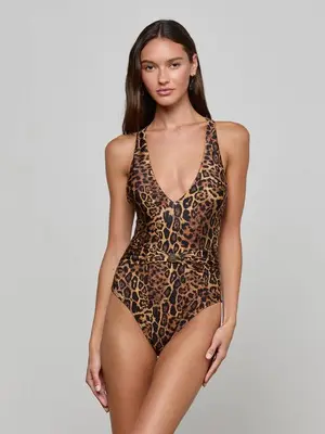 L'Agence Lisa Plunge One-piece Swimsuit - Brown Multi Patch Leopard