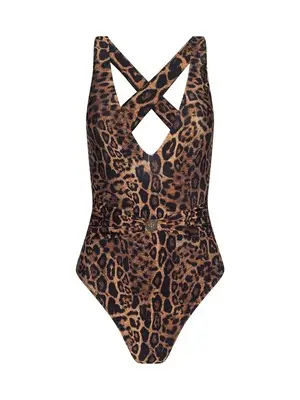 L'Agence Lisa Plunge One-piece Swimsuit - Brown Multi Patch Leopard
