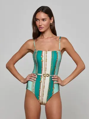 L'Agence Tory Bandeau One-piece Swimsuit - Light Sage Belt Stripe Print