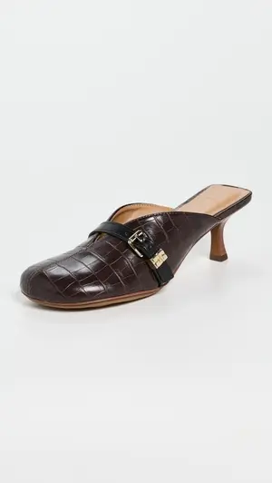 GANNI Sue Heeled Croco Mules - Chocolate Fondant
