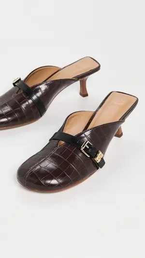 GANNI Sue Heeled Croco Mules - Chocolate Fondant