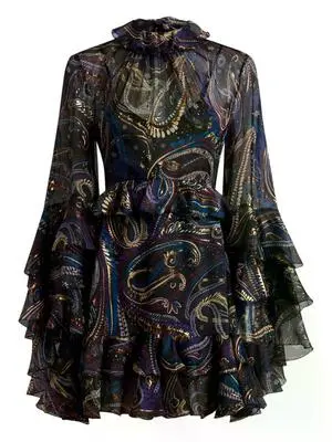 Etro Silk Mini Dress With Paisley Foliage Motif And Ruffles - Black