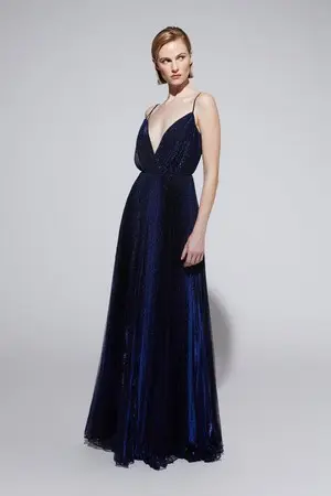 Halston Zellie Crystal Pleated Jersey Gown