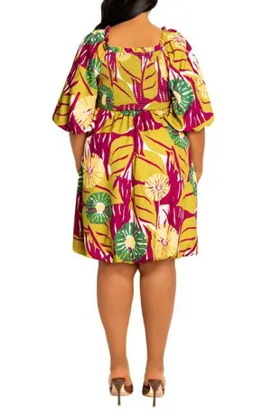 BUXOM COUTURE Floral Smocked Puff Sleeve Bubble Hem Dress