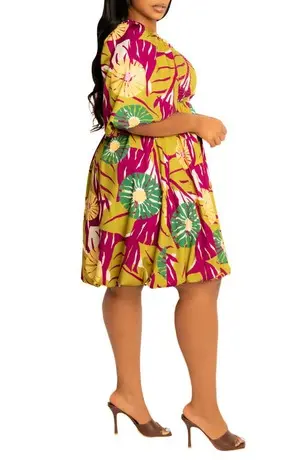 BUXOM COUTURE Floral Smocked Puff Sleeve Bubble Hem Dress