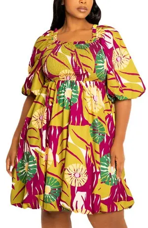 BUXOM COUTURE Floral Smocked Puff Sleeve Bubble Hem Dress