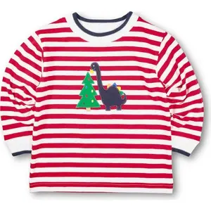 FLORENCE EISEMAN Stripe Knit Shirt With Dinosaur And Christmas Tree Appliqués - Red/ Green/ White