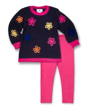 FLORENCE EISEMAN Sweater Tunic With Flowers And Leggings - Pink/ White/ Navy
