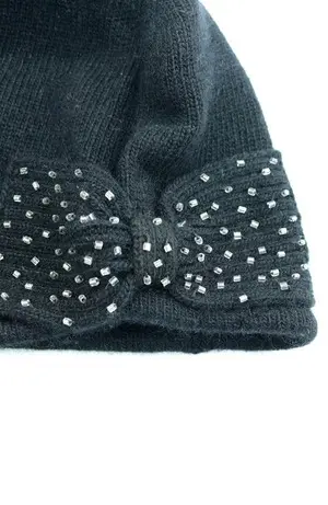 Portolano Beaded Bow Beanie Hat - Black