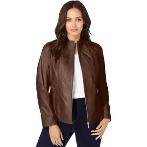 JESSICA LONDON Zip Front Leather Jacket - Rich Brown