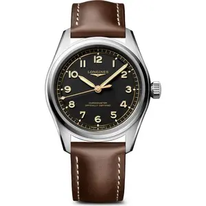 LONGINES Spirit Pilot Leather Strap Watch - Black