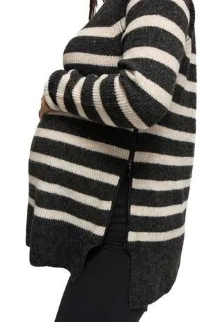 INGRID & ISABEL Raglan Maternity Mock Neck Striped Sweater - Charcoal/ivory