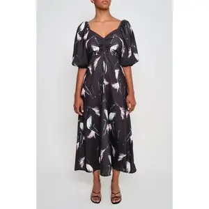 THE LULO PROJECT Horse Print Puff Sleeve Crepe Maxi Dress - Black Horses