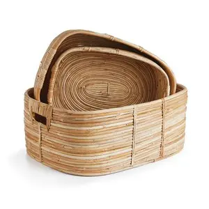 NAPA HOME & GARDEN Cane Rattan Rectangular Baskets With Handles Set Of 3 - Beige