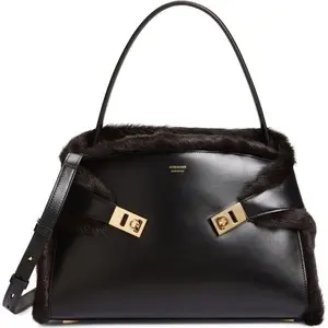 FERRAGAMO Hug Leather Satchel With Shearling Trim