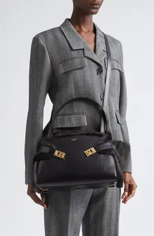 FERRAGAMO Hug Leather Satchel With Shearling Trim