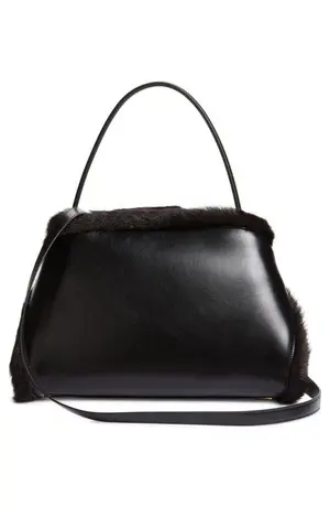 FERRAGAMO Hug Leather Satchel With Shearling Trim
