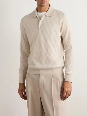 Canali Cable-knit Wool And Cashmere-blend Polo Shirt
