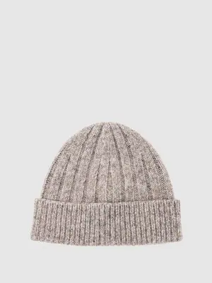 REISS Edgeley Wool-Blend Chunky Rib-Knit Beanie Oatmeal Melange