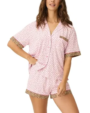 PJ Salvage Contrast Trim Floral Short Pajama Set - Pink