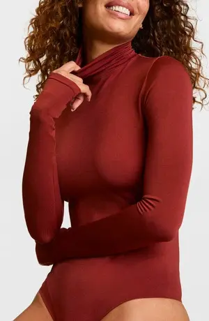 Commando Prima Ballet Turtleneck Long Sleeve Thong Bodysuit - Brick