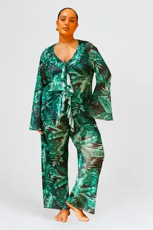 FASHION-SZN CURVE Palm Print Wide Leg Pants - Green