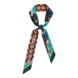 LOST PATTERN Peacock" Silk Twill Skinny Scarf - Teal Green