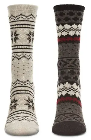 MEMOI Fair Isle Crew Socks 2-pack - Black Grey/ivory Light Grey