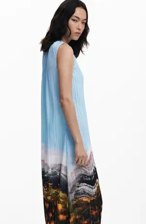 Desigual Landscape Plissé Shift Midi Dress