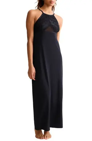 Fleur't Parisian Nights Lace Trim Nightgown - Black
