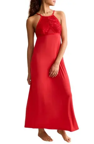 Fleur't Parisian Nights Lace Trim Nightgown - Sweet Red