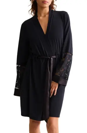 Fleur't Parisian Nights Lace Trim Short Robe - Black