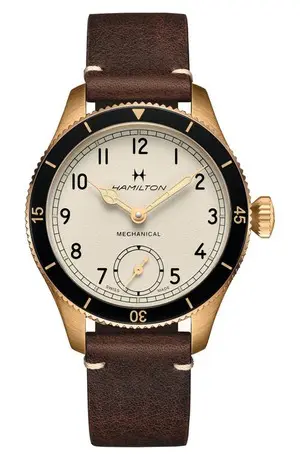 Hamilton Khaki Aviation Pilot Pioneer Bronze Leather Strap Watch - White
