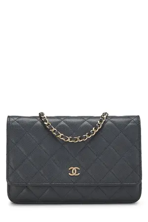 Chanel Caviar Classic Quilted Wallet On Chain - Navy