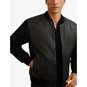 REISS Leather Bomber Jacket With Wool Sleeves