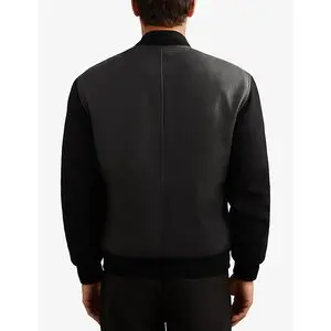 REISS Leather Bomber Jacket With Wool Sleeves