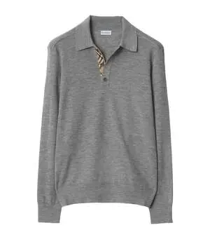 Burberry Wool Check-detail Long-sleeve Polo Shirt - Grey