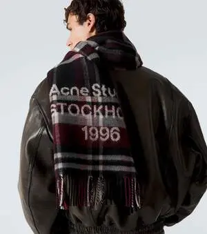 Acne Studios Logo Checked Fringed Wool Scarf